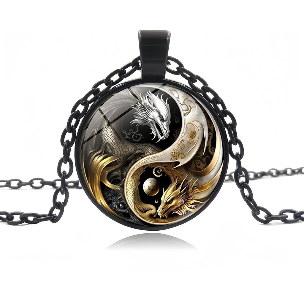 yin-yang necklace, black steel chain, pendant ancient jewelry, men's ...
