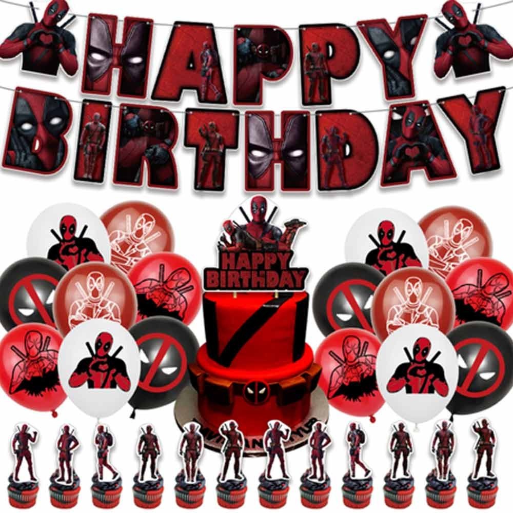 Deadpool themed birthday party decoration banner, balloon cake, card ...