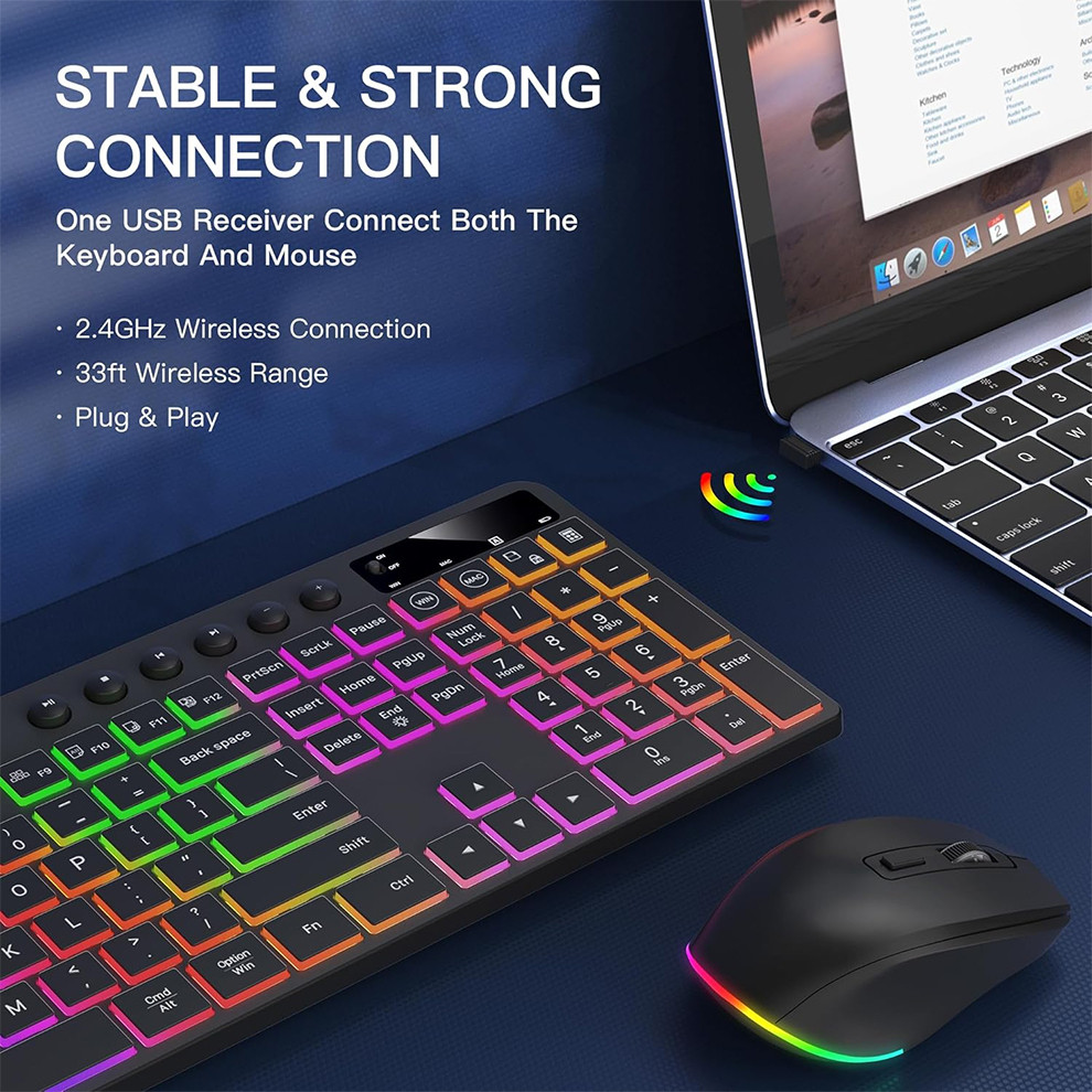 Backlit Wireless Keyboard and Mouse Combo with Holder Stand Full Size ...