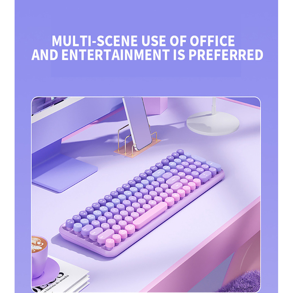 Pink Purple Ergonomic 2.4G Wireless Keyboard 106 Keys Retro Round ...
