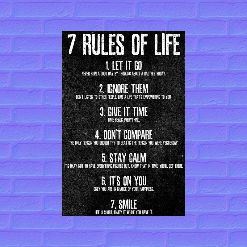 Black and White Text 7 Rules of Life Inspirational Canvas Poster Office ...