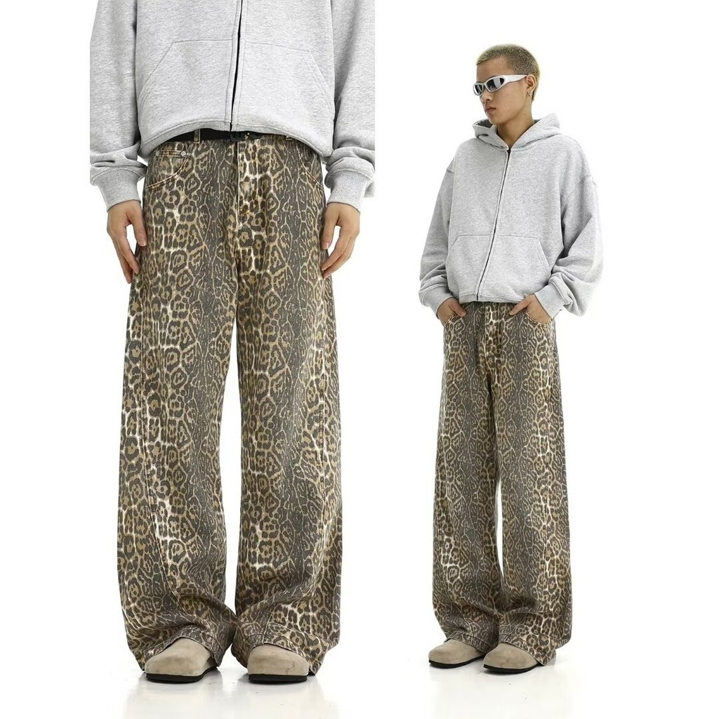 Retro Washed Distressed Leopard Jeans Men and Women Design Sense Spring ...
