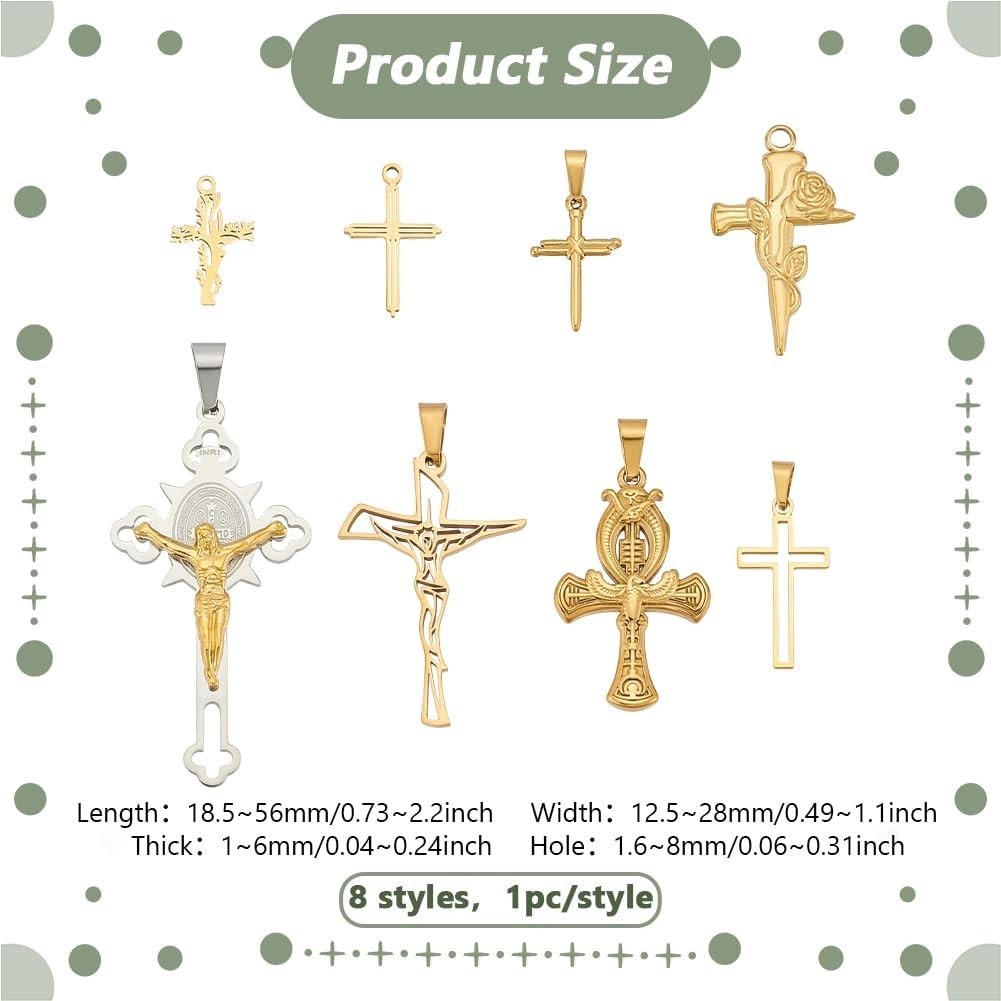 PH PandaHall 8pcs Golden Cross Pendants, 8 Styles Cut-Out Cross ...