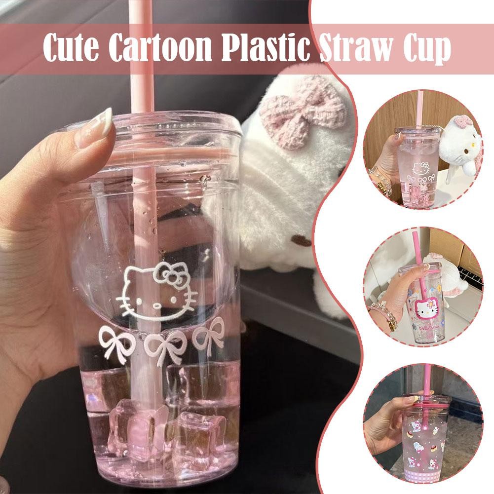 KT Cat Water Cup Hello Kitty Plastic Cup Straw Cup Pink Cartoon Cute ...