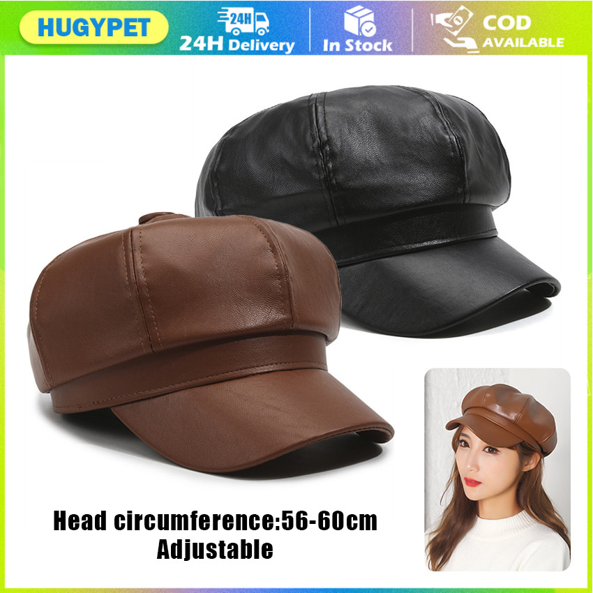 PU Leather Octagonal Hat Women British Style Retro Casual Beret Cap ...