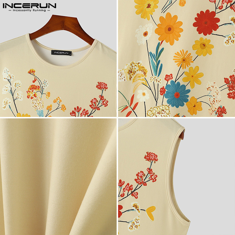 INCERUN Men Korean Casual Floral Printing Round Neck Sleeveless Tanks ...