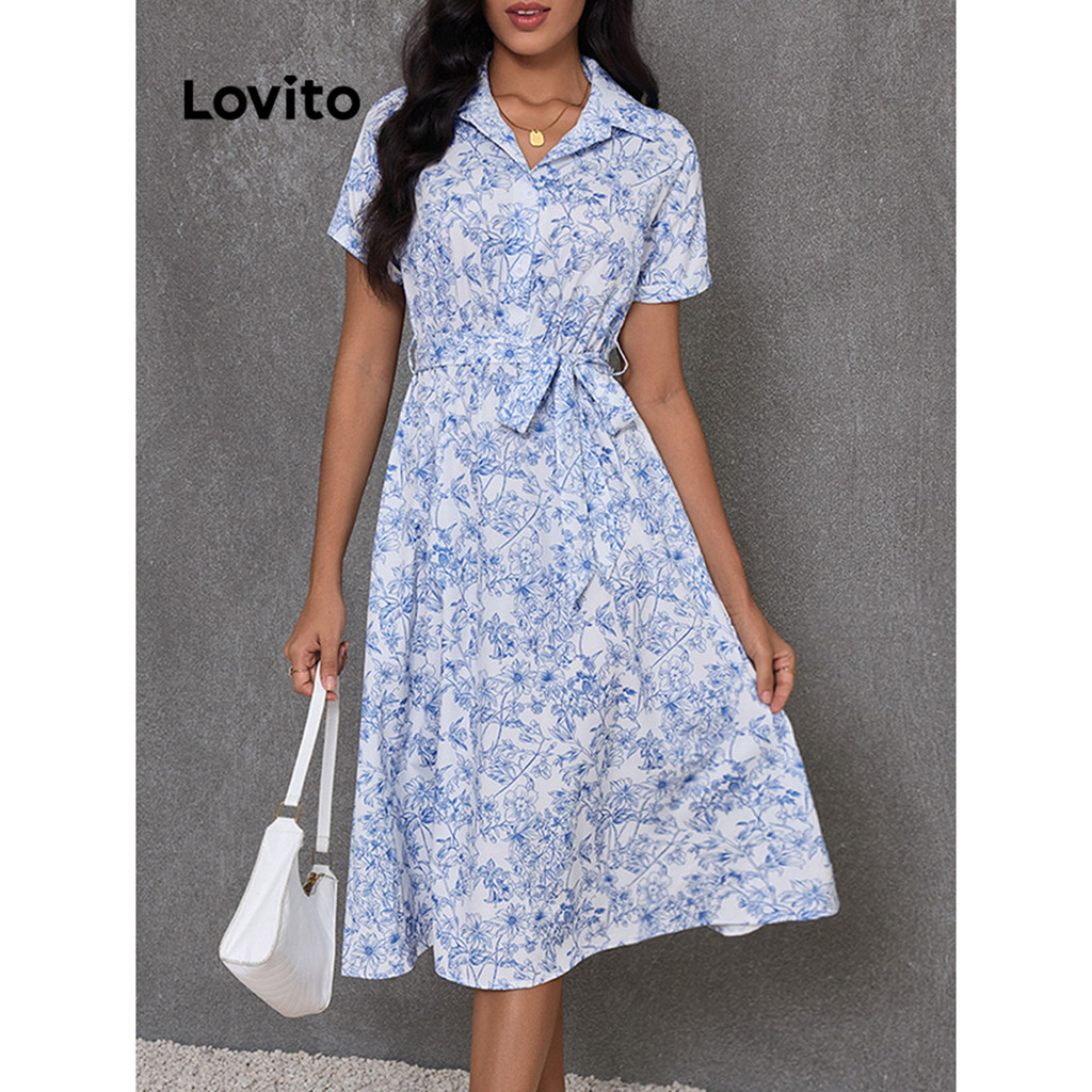 Lovito Women Elegant Floral Button Front Belted Dress LBL16055 | Shopee ...