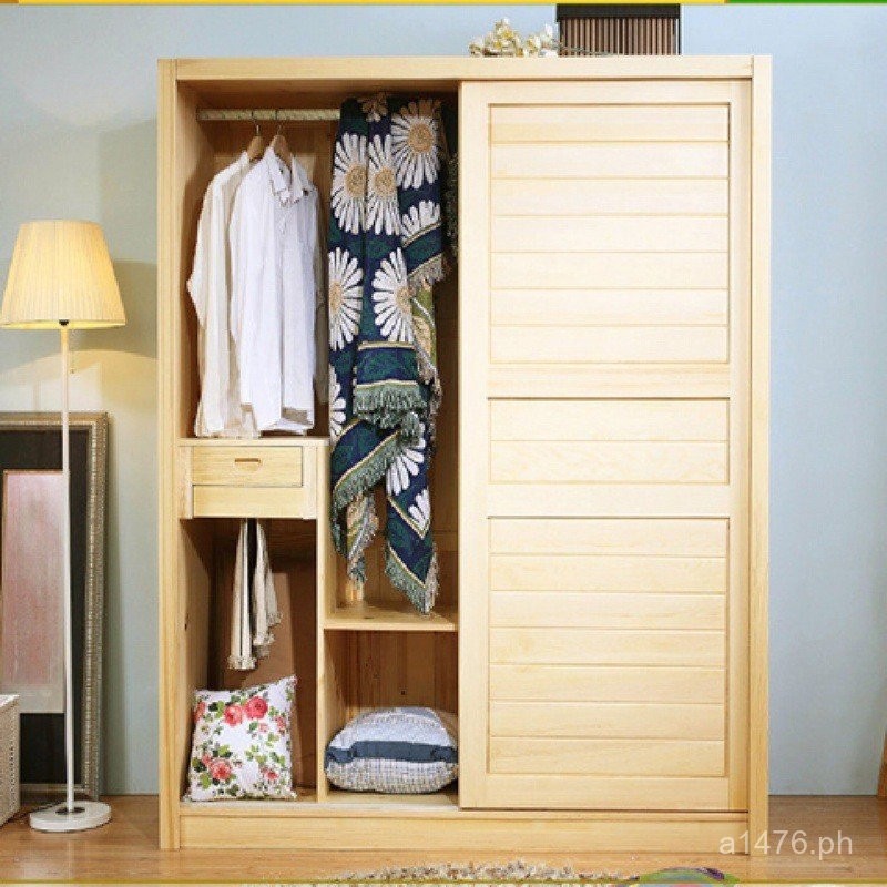 Modern Solid Wood Sliding Door Wardrobe with Pant Rack Pine Sliding ...