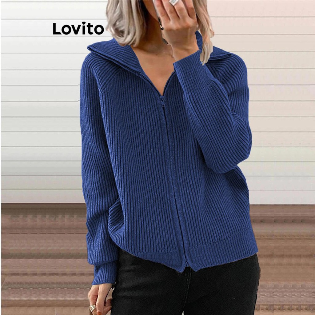 Lovito Women Casual Plain Rib Knit Zipper Collar Jacket LNL65283 ...