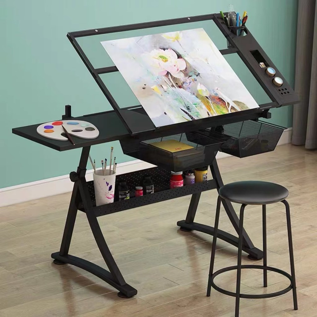 With LED 】Drafting glass table with extra side table drawers and ...