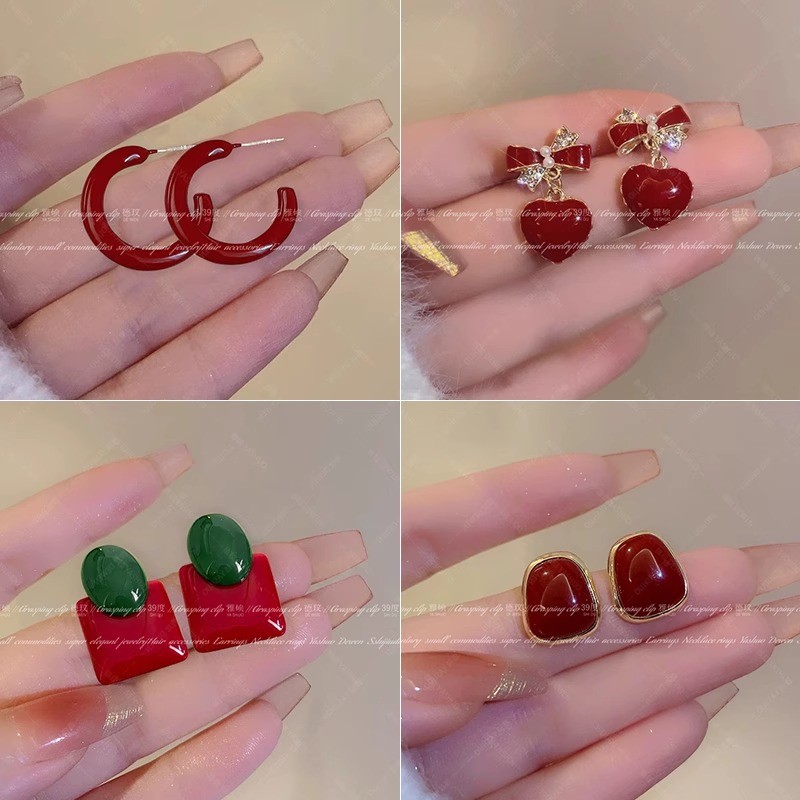 Hong Kong Style Encore Red Bow Earrings Retro Design | Shopee Philippines