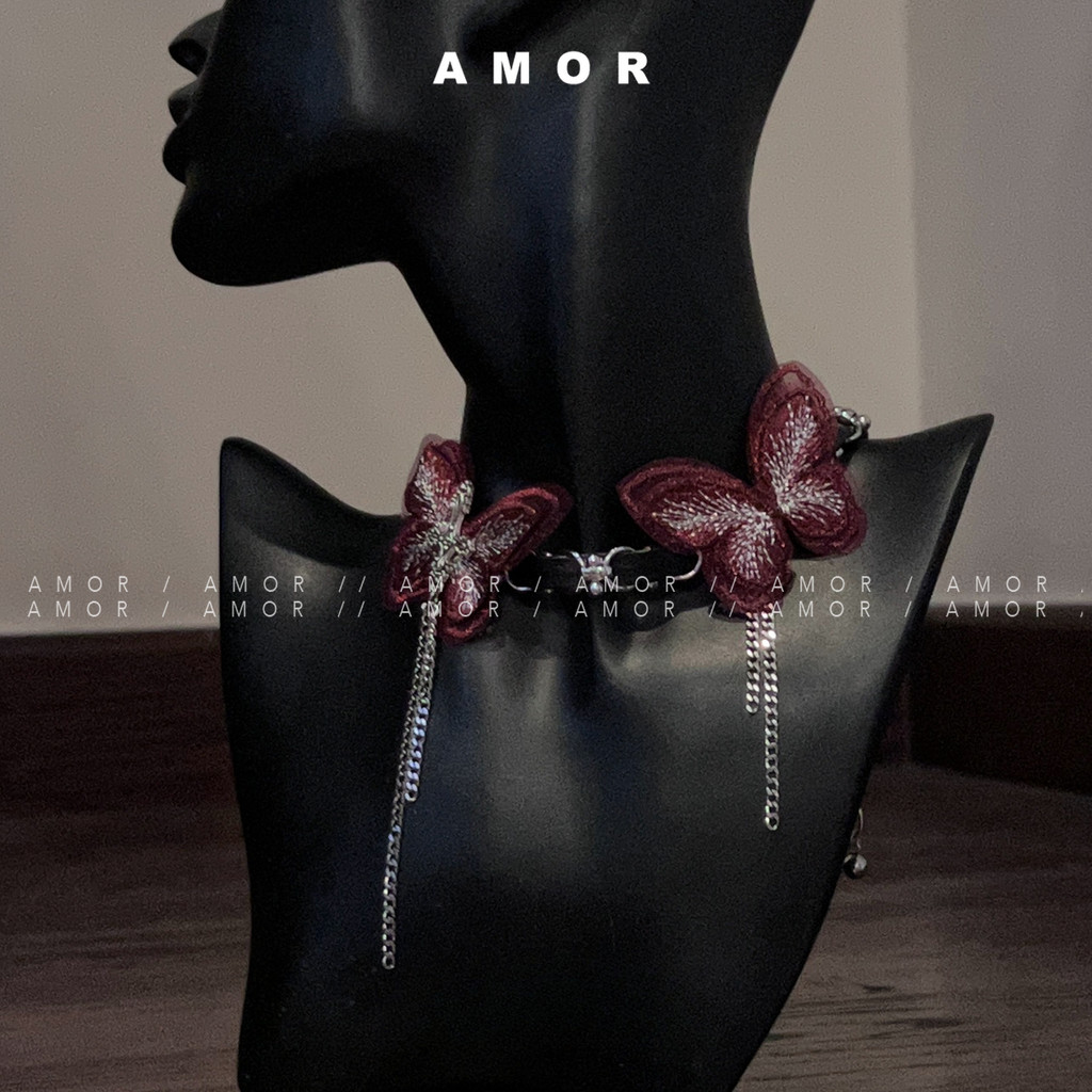 Choker butterfly wine red retro leather collar y2k necklace | Shopee ...