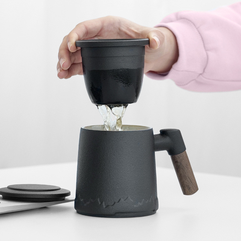 Ceramic Tea cup Solid Wood Handle Tea Infuser Office Filter Mugs ...