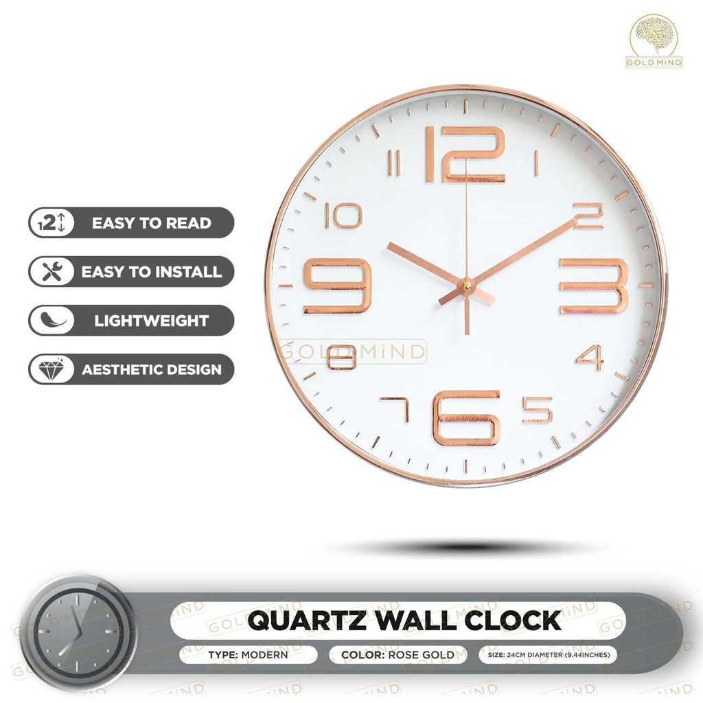 Quartz Wall Clock 3D Big Numbers Rose Gold Essential Design (2A10125 ...