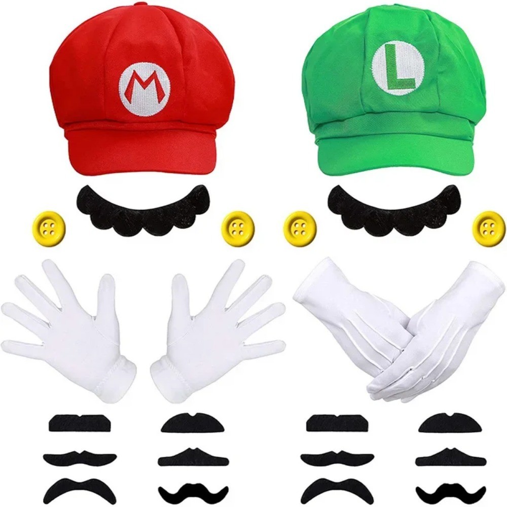 Super Mario Bros Cosplay Cap Glove Mustache Set for Kids Anime Figures ...