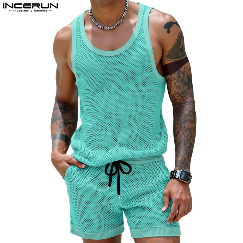 INCERUN Men Vintage Sport Casual Crew Neck Sleeveless Elastic Waist ...