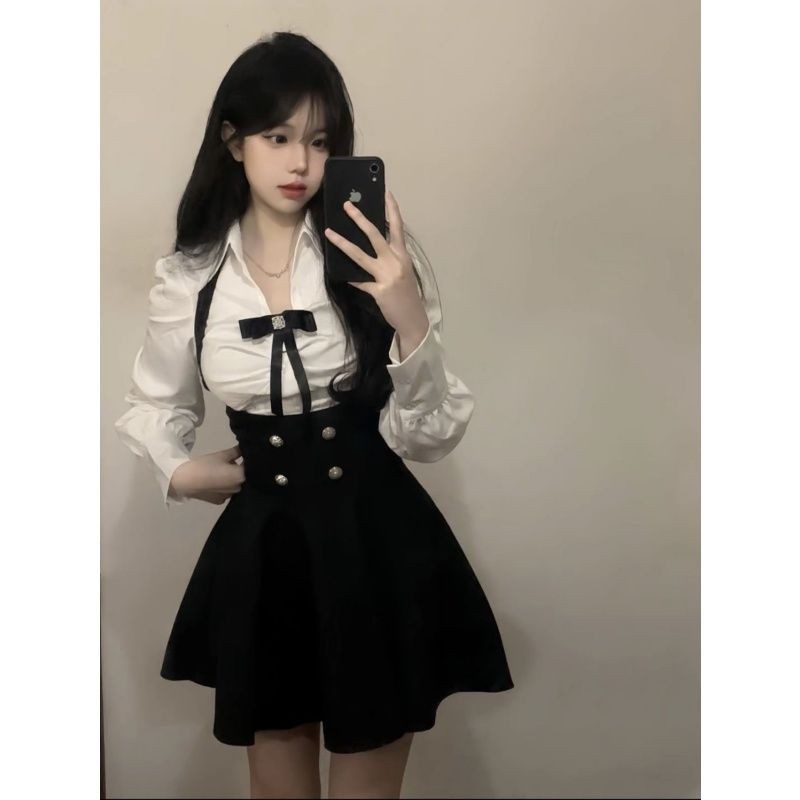 American College Style Suit Black Skirt with Waistband Short Sleeve ...