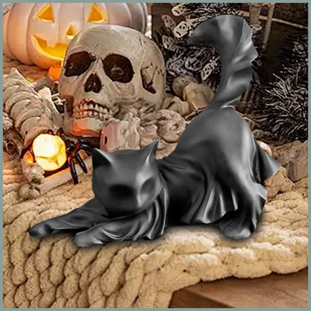 Halloween Cat Statue Horror Cat Stretching Statue Resin Gothic ...