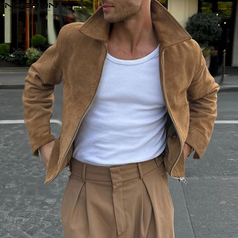 INCERUN Men Vintage Fashion Suede Casual Long Sleeve Zipper Jackets ...