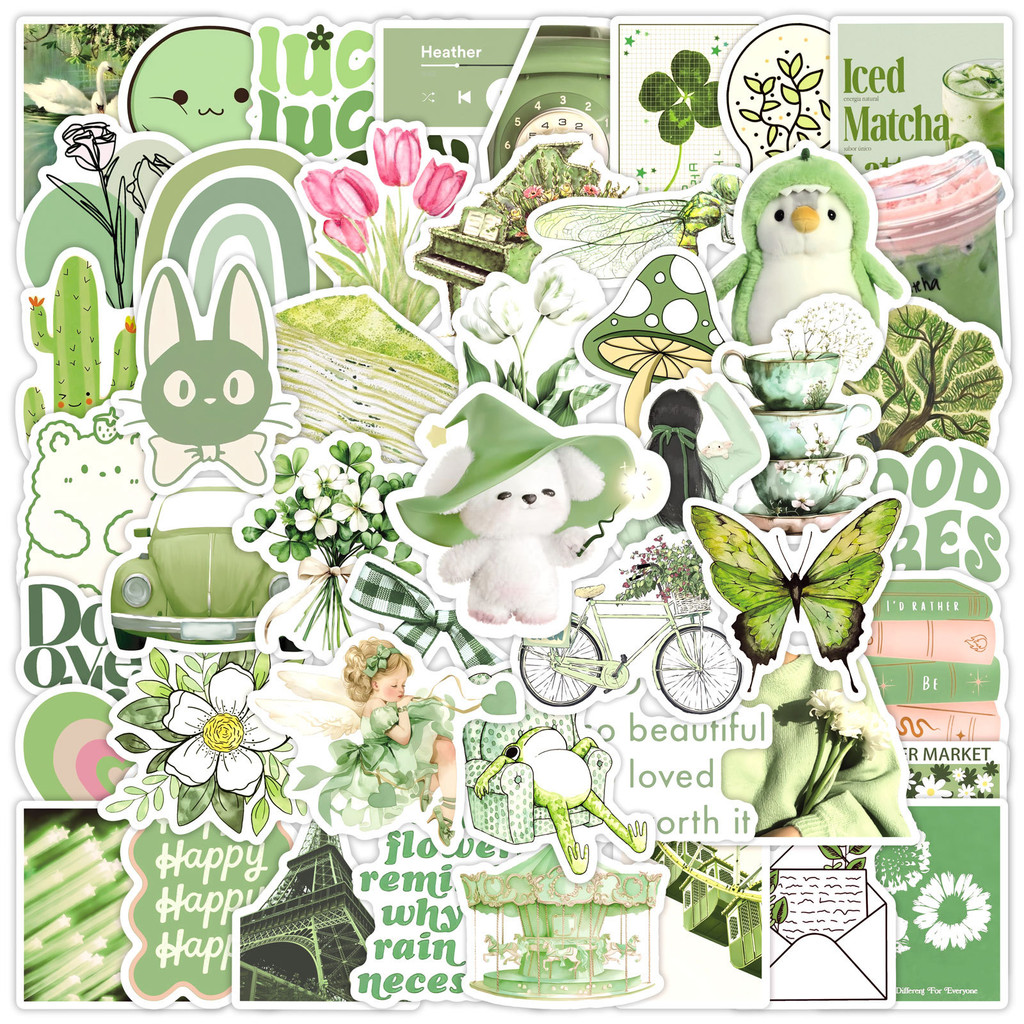 50 Pcs Ins-Style Green Girl Cute Cartoon Stickers - Waterproof PVC ...