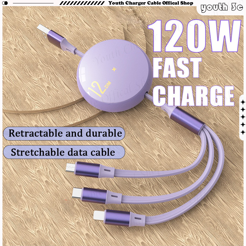 120w Super Fast Retractable Charge 3 In 1 Cable Can be stretched up to ...
