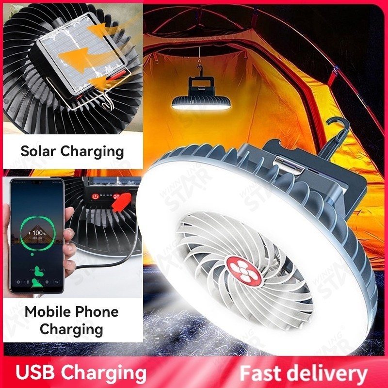 Camping Solar Light With Fan Outdoor Portable Chargeable Tent Lamp for ...