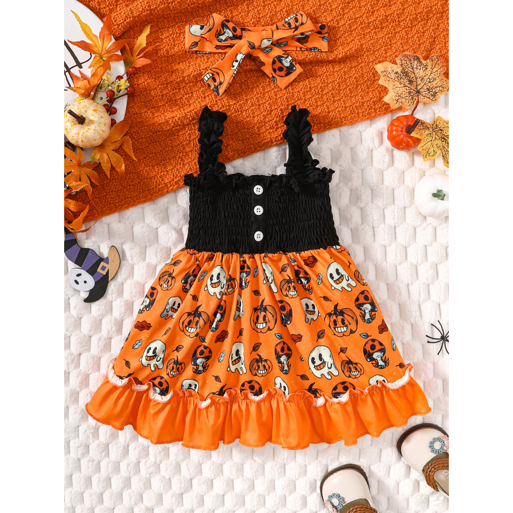 0-3 Years Toddler Baby Girl Halloween Costume Sleeveless Pumpkin Print Halter Dress with ...