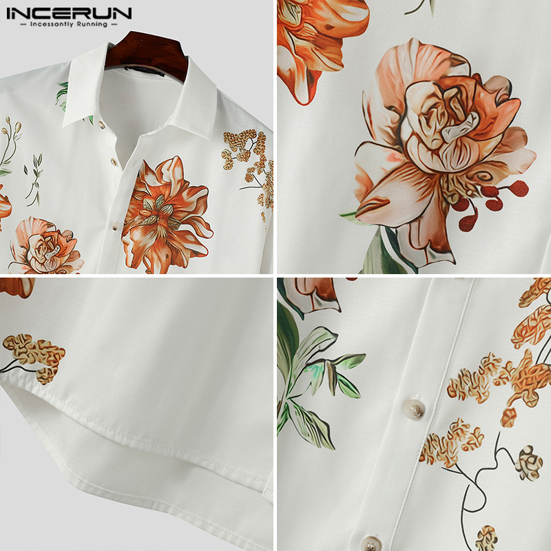 INCERUN Men Vintage Fashion Loose Floral Beach Style Long Sleeve Shirt ...