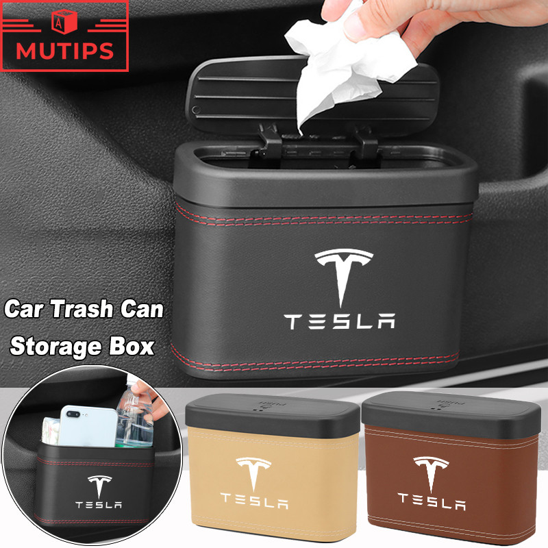 Tesla Multifunction Car Trash Can Garbage Dustbin Organizer Leather ...