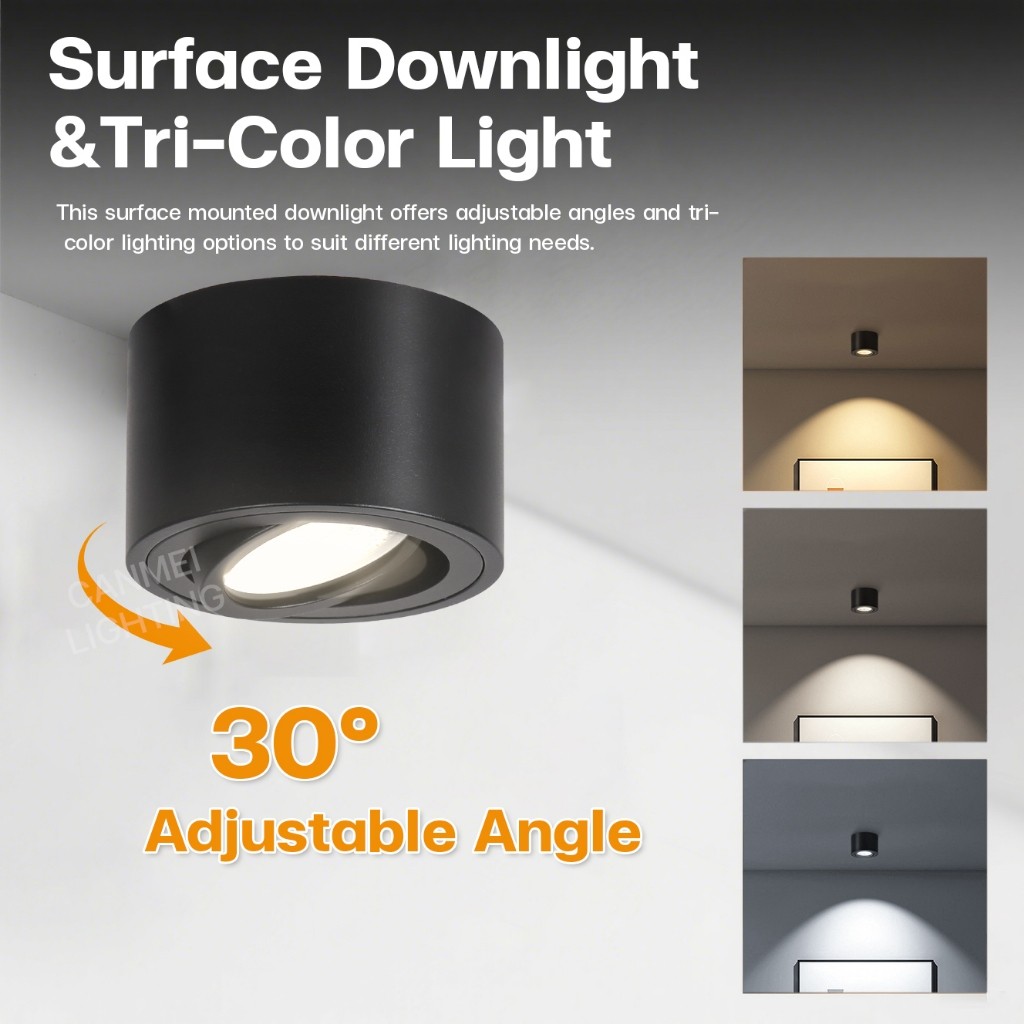 LED Downlight Spotlight Ceiling Light Adjustable Angle 3 Color Surface ...