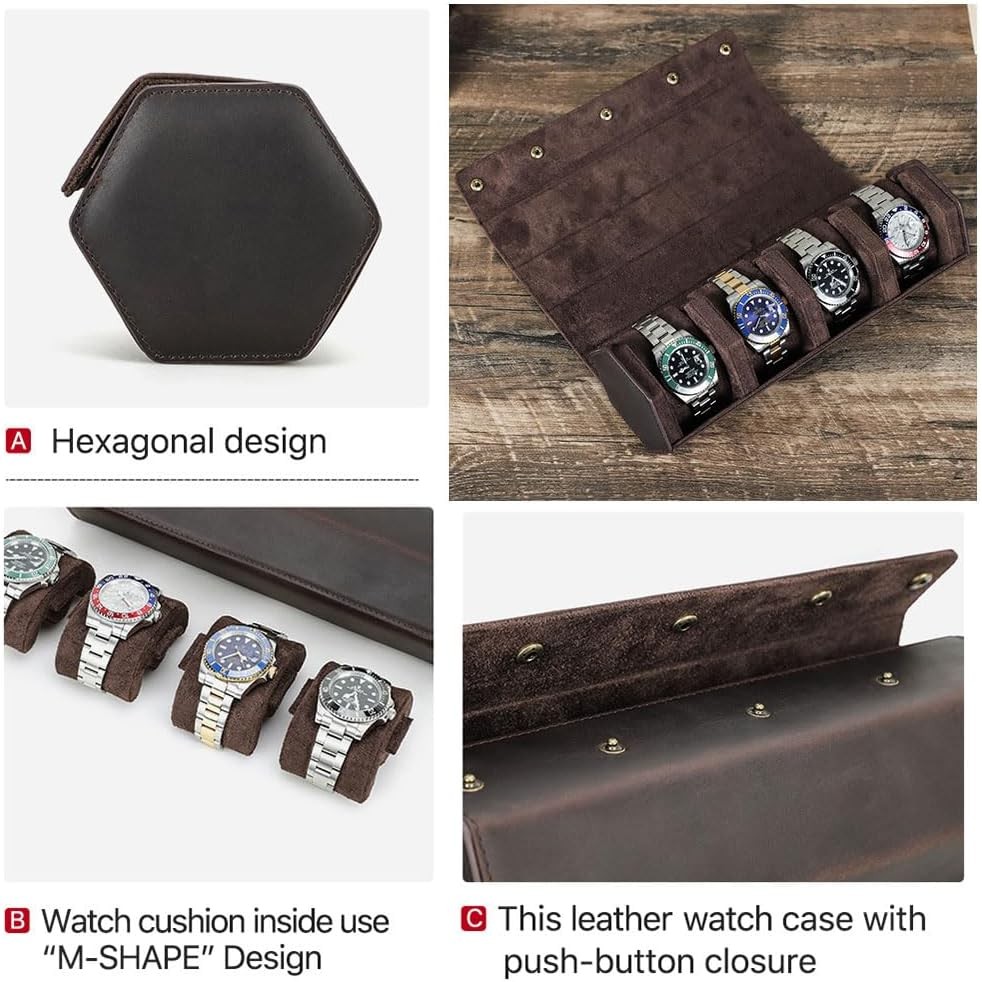 Watch Travel Case Leather Watch Box 4 Slot Hexagon Watches Roll for Men ...