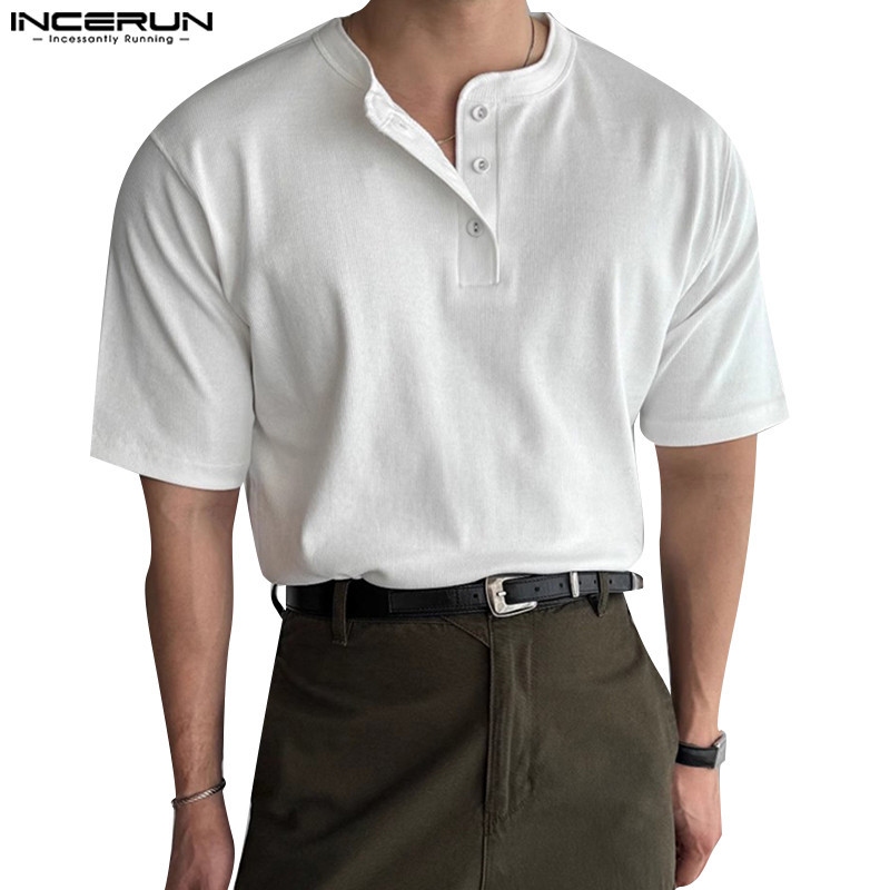INCERUN Men's Knitted Stretch Short Sleeve Half Open Top T-shirts ...