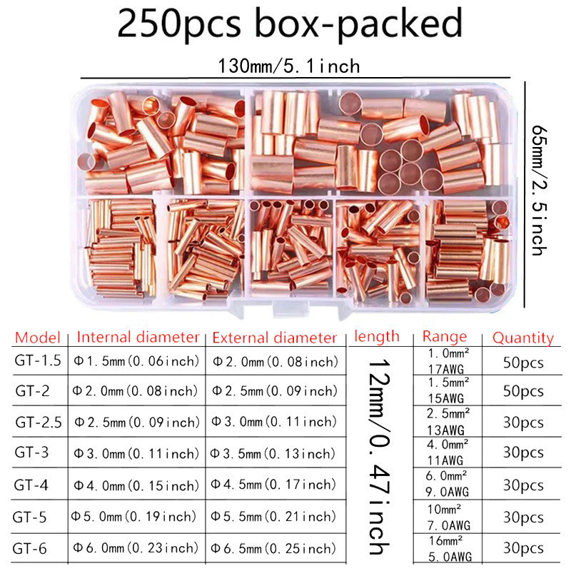POSSBAY 250PCS GT Copper Connecting Pipe Wire Joint Small Copper Tube Terminal Cable Lug ...