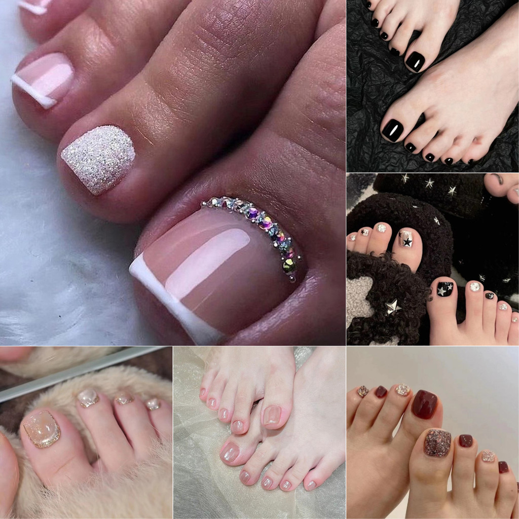 24PCS Multi Style Toenails, Simple French Style, Sparkling Full Nail ...