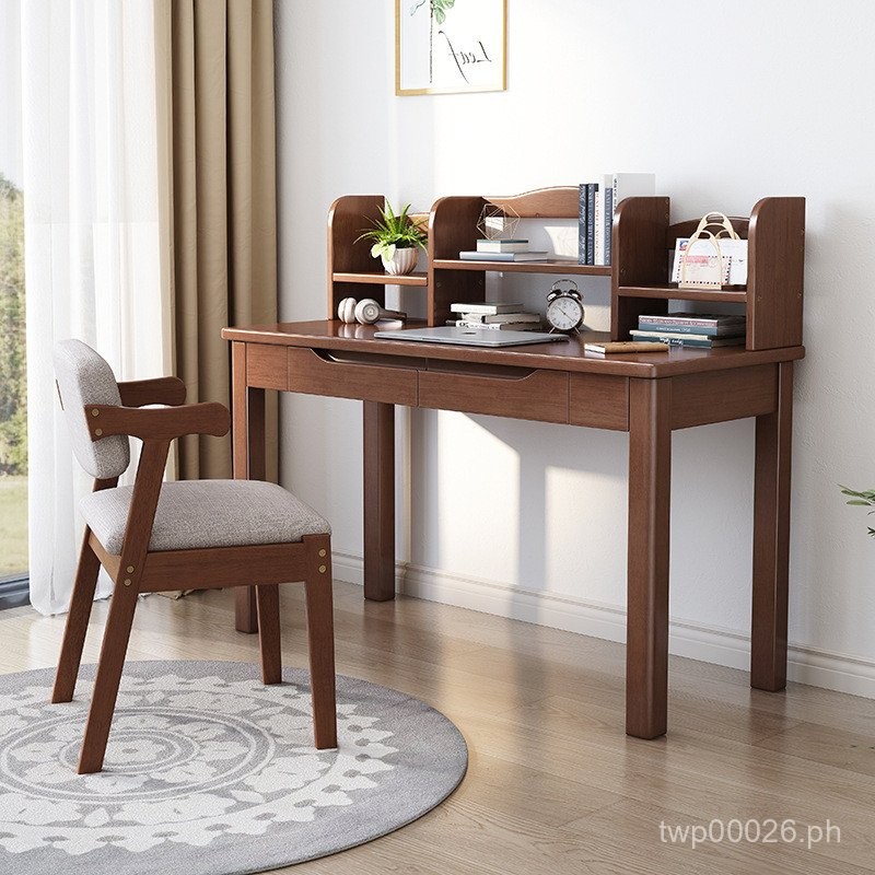 Nordic Solid Wood Desk Bookshelf Combination Simple Home Writing Table ...