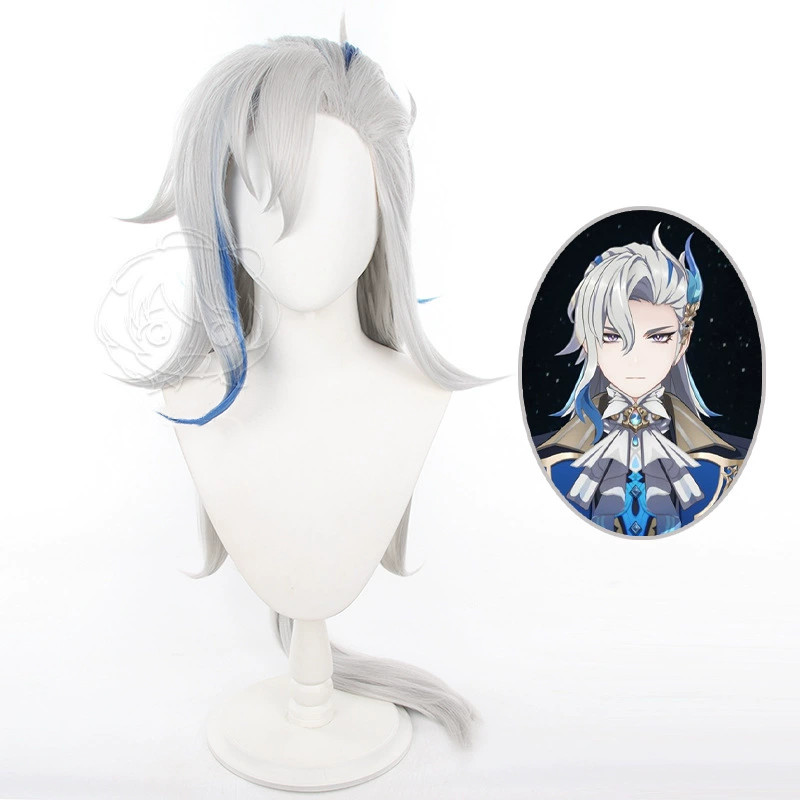 110CM Long Silver Blue Mixed Hair Wig for Genshin Impact Neuvillette ...