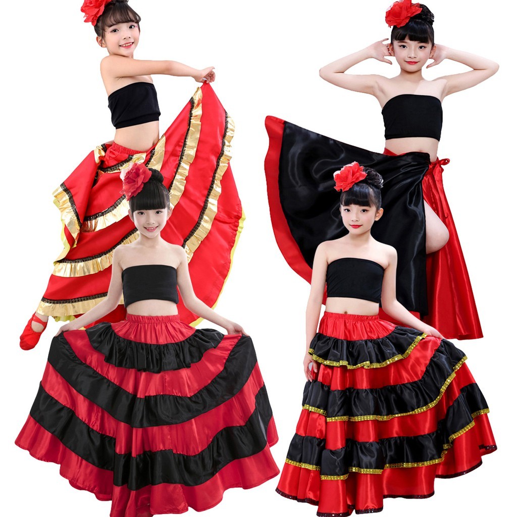 Kids Girls Red Spanish Flamenco Belly Dance Dress United Nation Spain ...