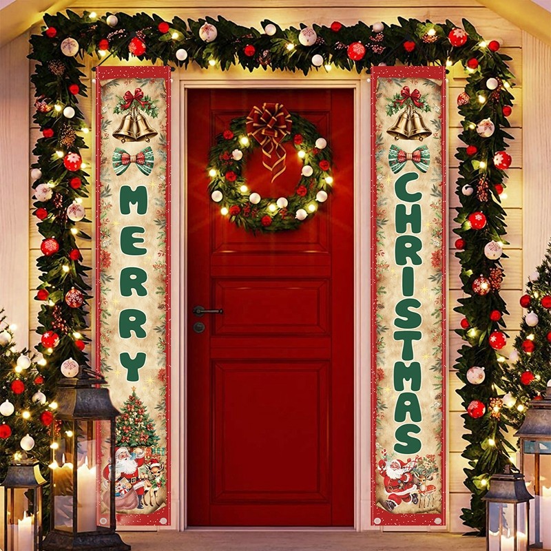 Merry Christmas Door Banner Vintage Polyester Porch Sign Banner Santa ...