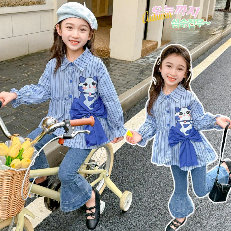 Preppy Style Kids Girl Set Kids Clothing Cute Cat Long-sleeve Girl ...