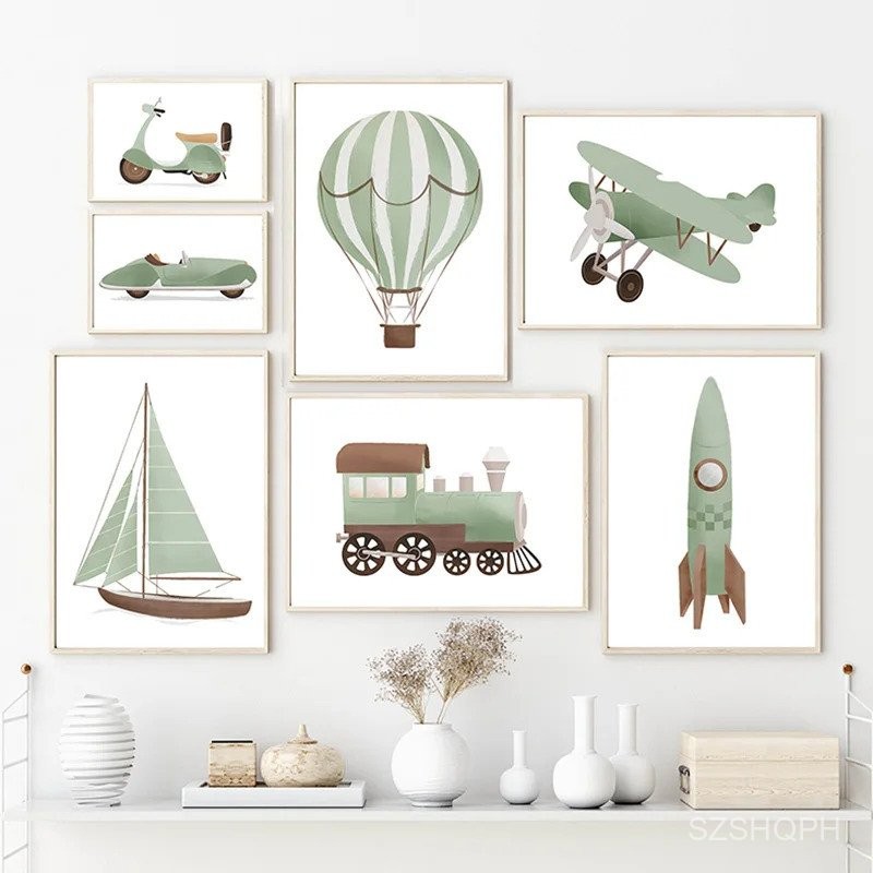 Sailboat Rocket Hot Air Balloon Plane Train Car Wall Art Nordic Posters ...
