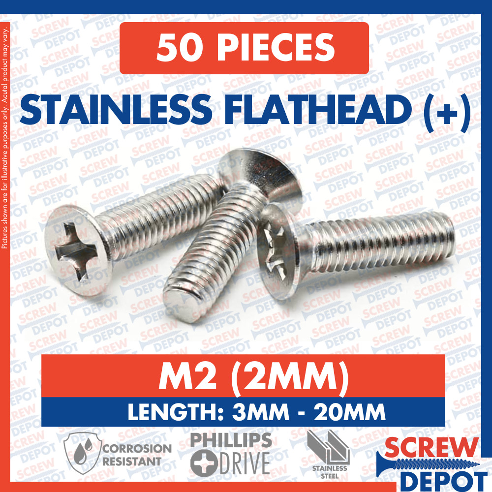 50PCS SS Flat Head M2 (2MM) Stainless Flathead Bolt Counter Sunk JF ...