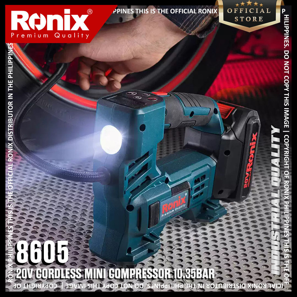 Ronix 8605 20V Cordless Mini Air Compressor 10.35 Bar 150 PSI LED Light Digital Gauge Portable ...
