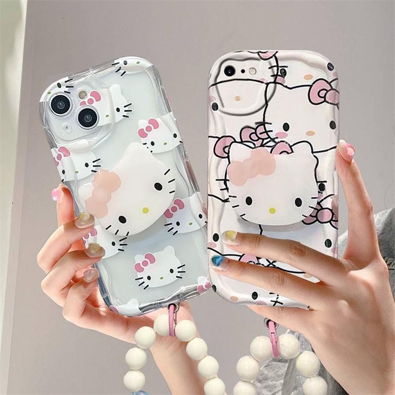 Cute Hello Kitty Bow Full Screen Wrist Chain Holder Phone Case For ...