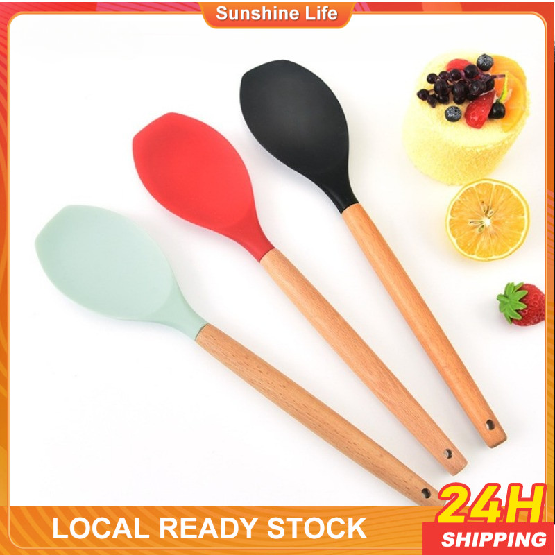 Wooden Handle Silicone Meal Portioning Soup Spoon Complementary Food ...