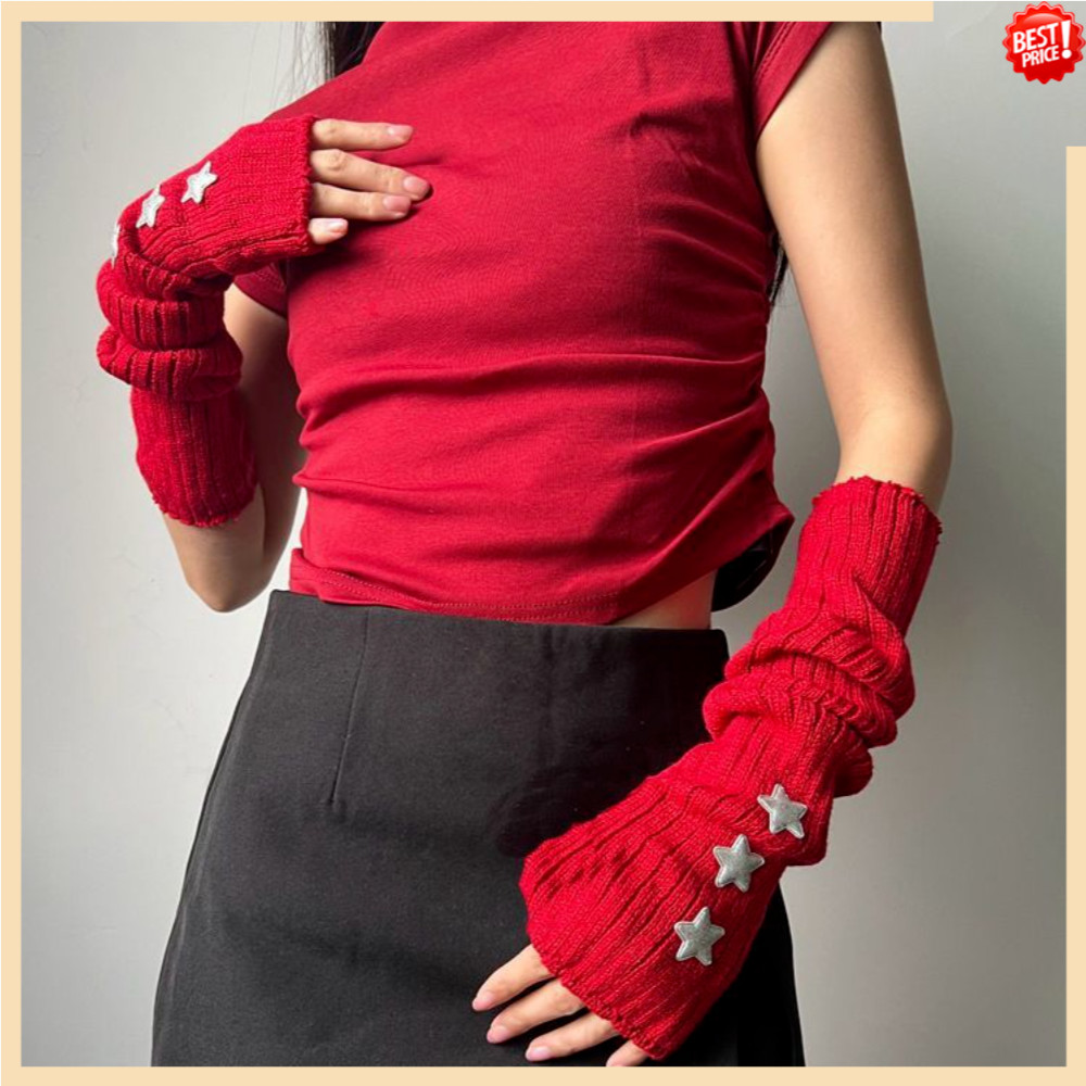 Fashion Punk Solid Color Star Knitted Gloves Y2k Gothic Wool Sleeve ...