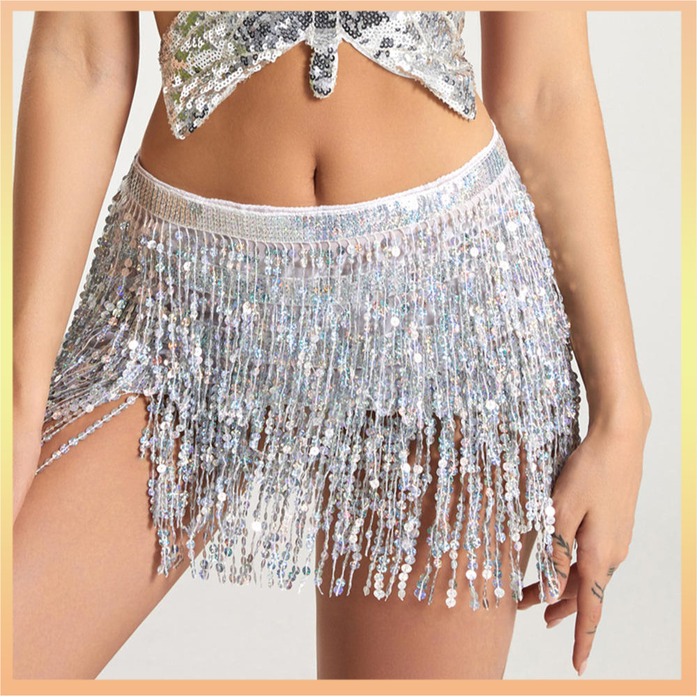 Women Boho Fringe Skirt Sexy Sequin Tassel Belly Dance Hip Scarf Rave Wrap Skirt Belt ...
