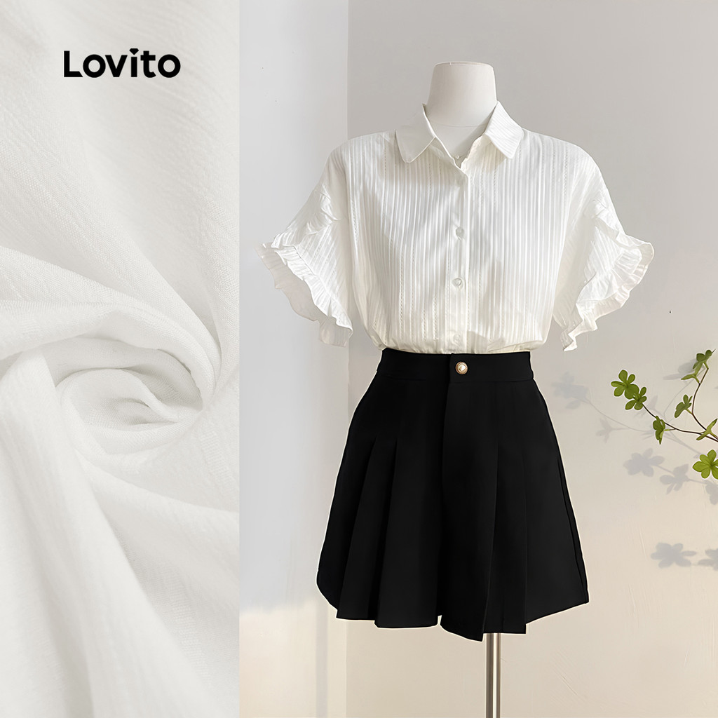 Lovito Women Cute Blouse Jacquard Ruffle Spring/summer White Blouse ...
