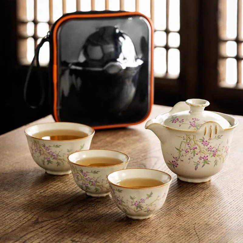Pink Peach Tree Travel Tea Set with Portable Bag Chinese Kungfu Tea New ...