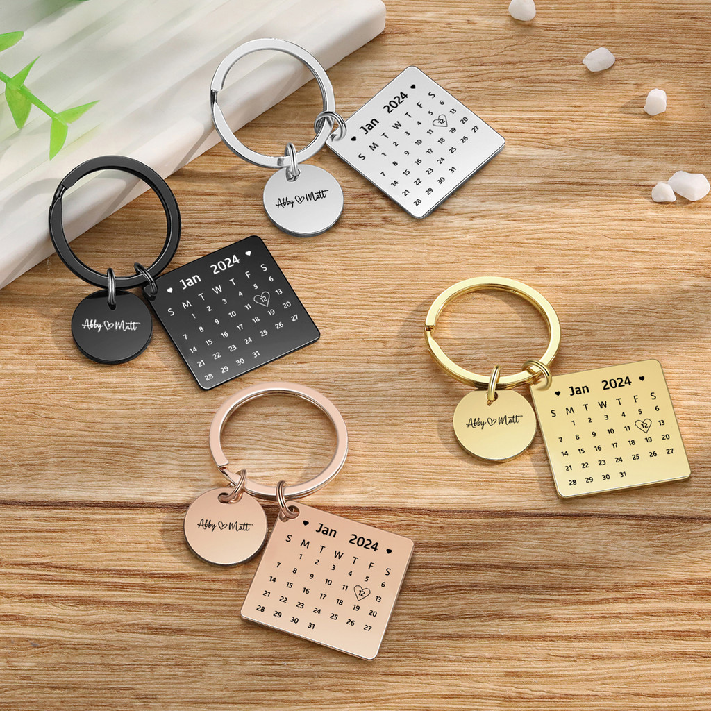 Personalized Calendar Keychain for Couple Stainless Steel Engraved Keyring for Special Date Key ...