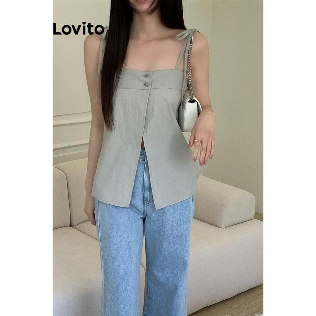 Lovito Women Casual Plain Lace Up Button Tank Top LNE77233 | Shopee ...